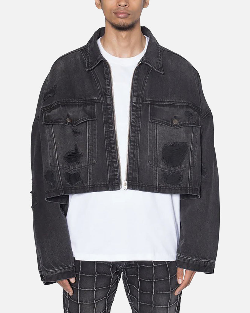 MNML Oversized Ripped Cropped Denim Jacket Washed Black | Culture Kings NZ