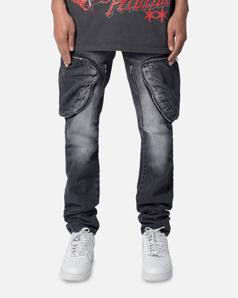 MNML Zipper Inseam Cargo Denim Jeans Washed Black | Culture Kings NZ