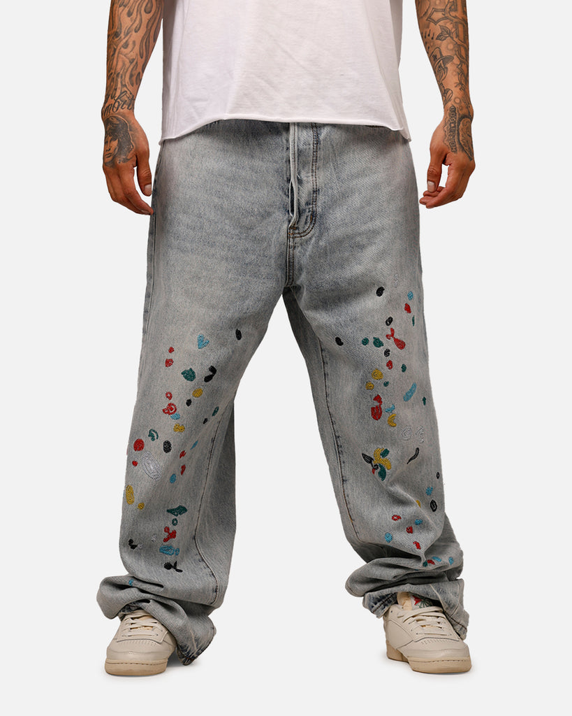MNML Ultra Baggy Paint Splat Denim Jeans Light Blue | Culture Kings NZ