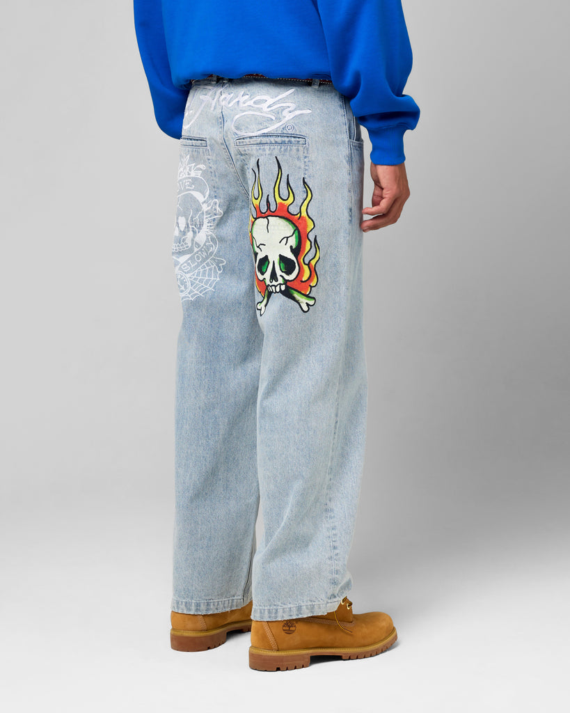 Ed Hardy Wide Leg Skull Jeans Light Blue | Culture Kings NZ
