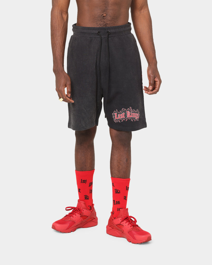 Last Kings Flaming Wings Sweat Shorts Black Wash | Culture Kings NZ